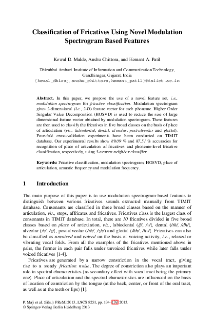 (PDF) Classification of Fricatives Using Novel Modulation Spectrogram Based Features