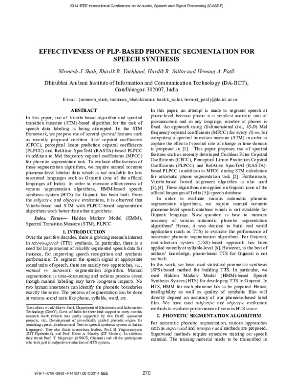 (PDF) Effectiveness of PLP-based phonetic segmentation for speech synthesis