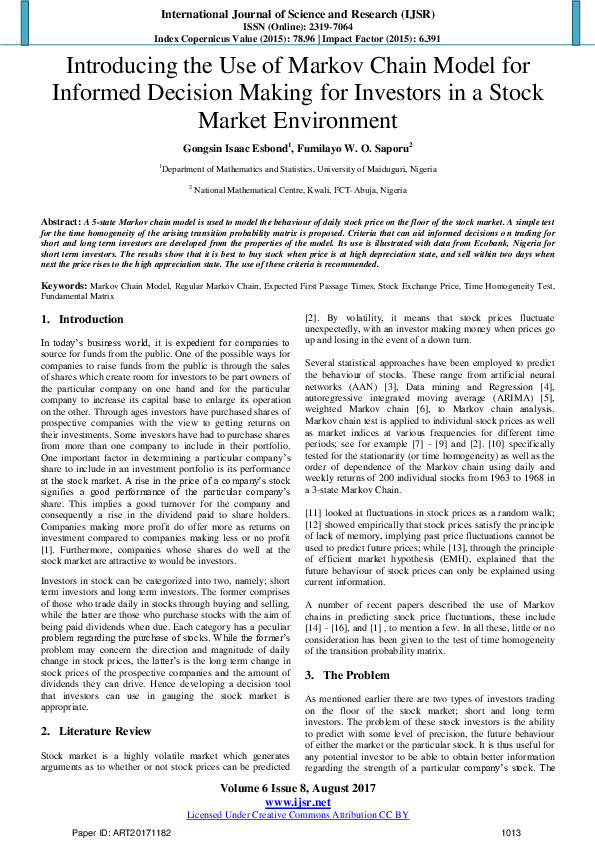 (PDF) Introducing the Use of Markov Chain Model for Informed Decision Making for Investors in a ...