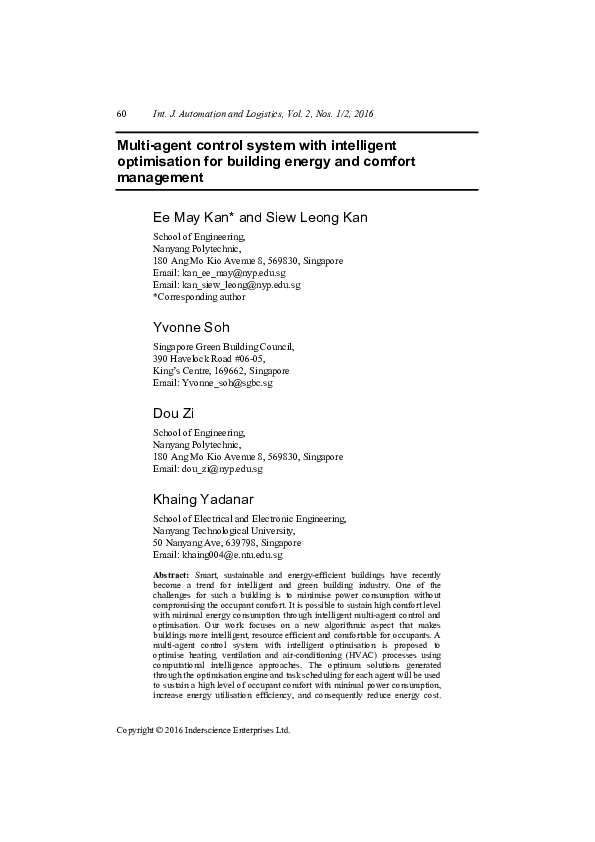 (PDF) Multi-agent Control System with Intelligent Optimization for Building Energy Management