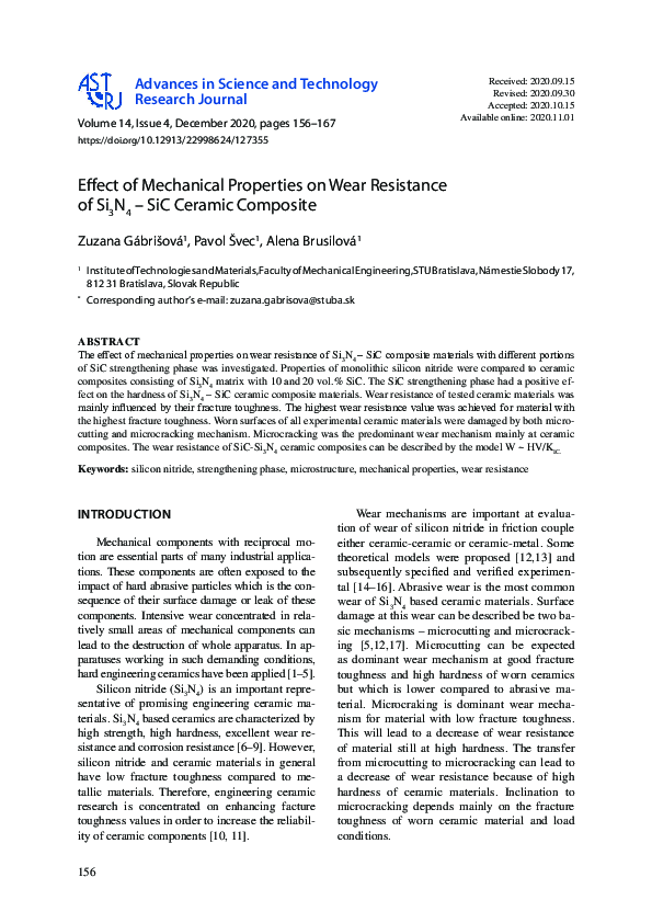 (PDF) Effect of Mechanical Properties on Wear Resistance of Si3N4 – SiC Ceramic Composite