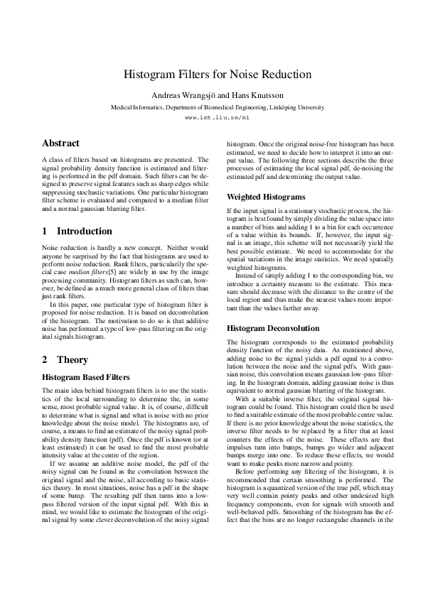 (PDF) Histogram filters for noise reduction