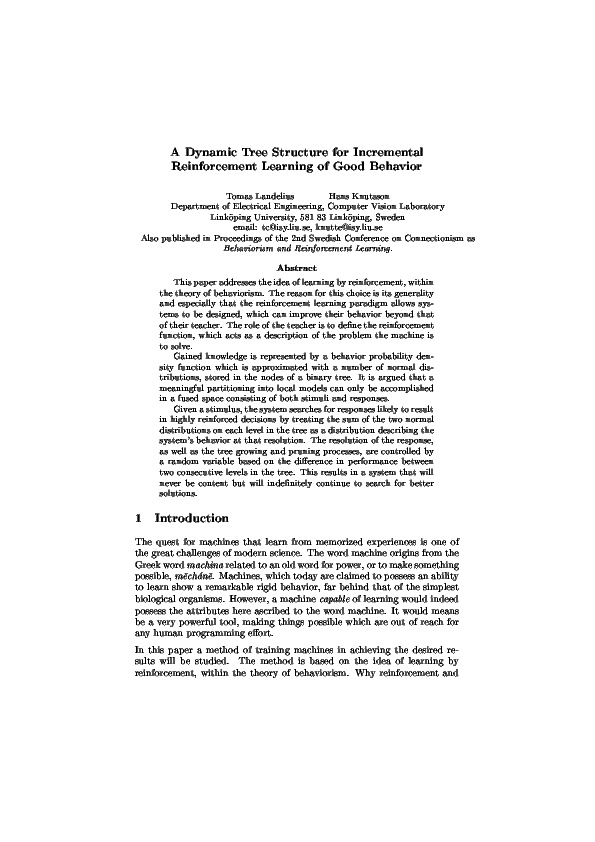 Pdf A Dynamic Tree Structure For Incremental Reinforcement Learning Of Good Behavior