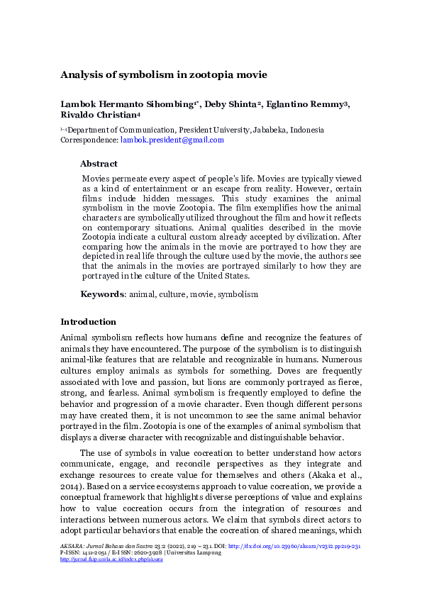 (PDF) Analysis of Symbolism in Zootopia Movie