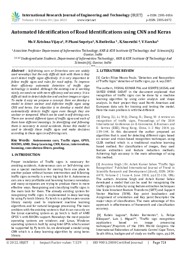 Pdf Automated Identification Of Road Identifications Using Cnn And Keras
