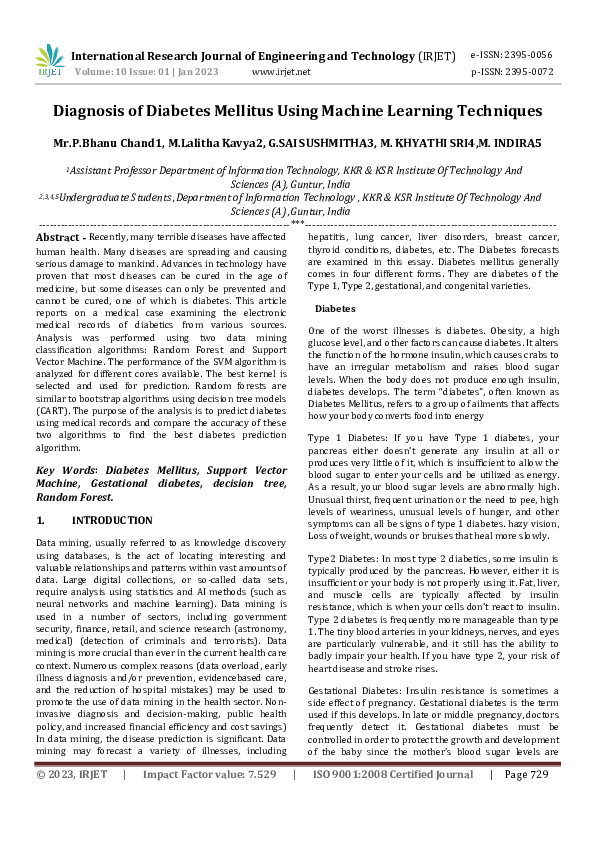 (PDF) Diagnosis of Diabetes Mellitus Using Machine Learning Techniques