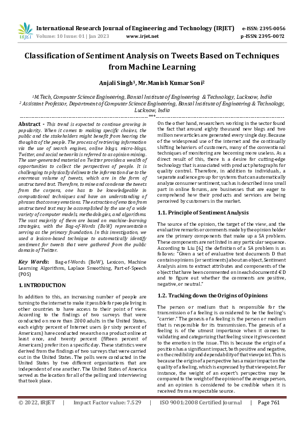 Pdf Classification Of Sentiment Analysis On Tweets Based On Techniques From Machine Learning