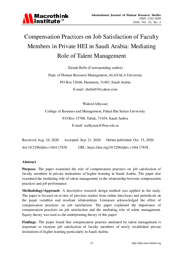(PDF) Compensation Practices on Job Satisfaction of Faculty Members in Private HEI in Saudi ...