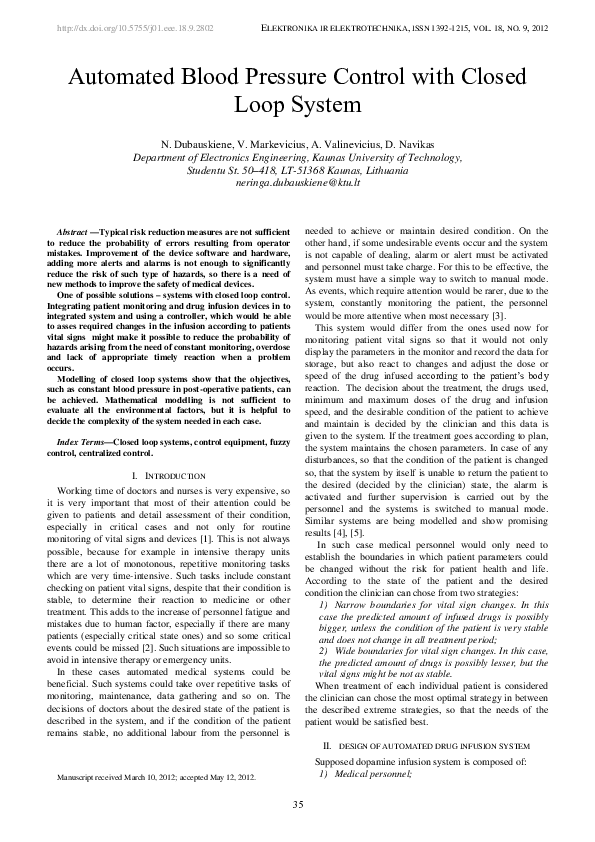 (PDF) Automated Blood Pressure Control with Closed Loop System