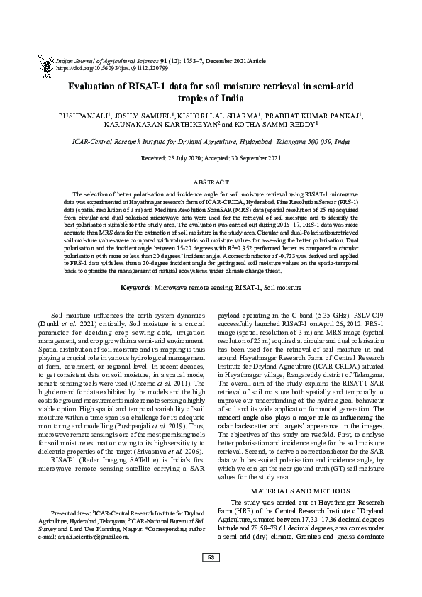 (PDF) Evaluation of RISAT-1 data for soil moisture retrieval in semi-arid tropics of India