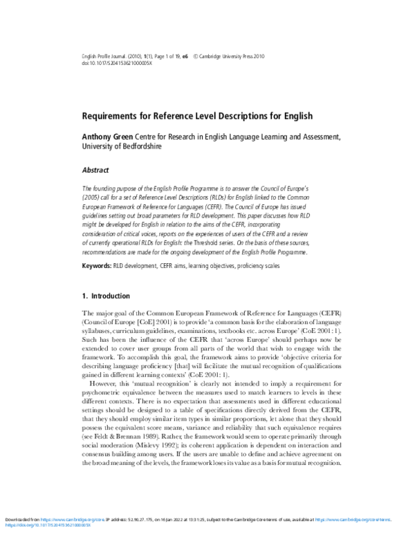 Requirements for Reference Level Descriptions for English