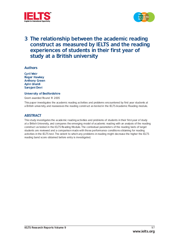 The relationship between the academic reading construct as measured by ...