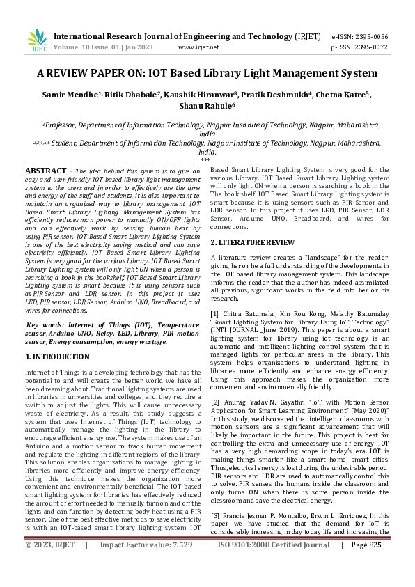 (PDF) A REVIEW PAPER ON: IOT Based Library Light Management System
