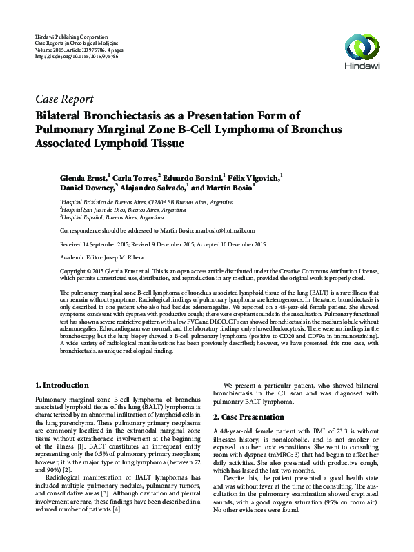 (PDF) Bilateral Bronchiectasis as a Presentation Form of Pulmonary Marginal Zone B-Cell Lymphoma ...