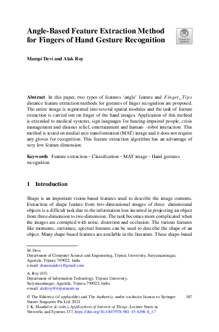 Pdf Angle Based Feature Extraction Method For Fingers Of Hand Gesture Recognition Mampi Devi