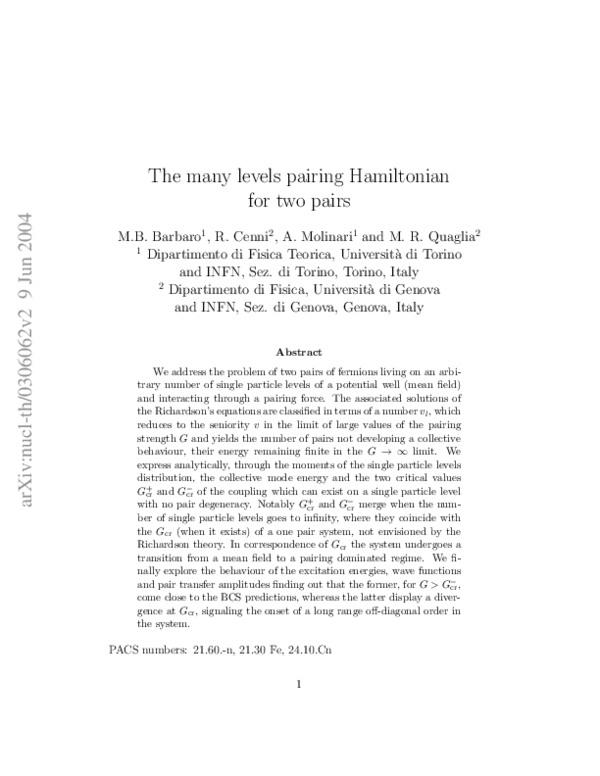 (PDF) The many levels pairing Hamiltonian for two pairs