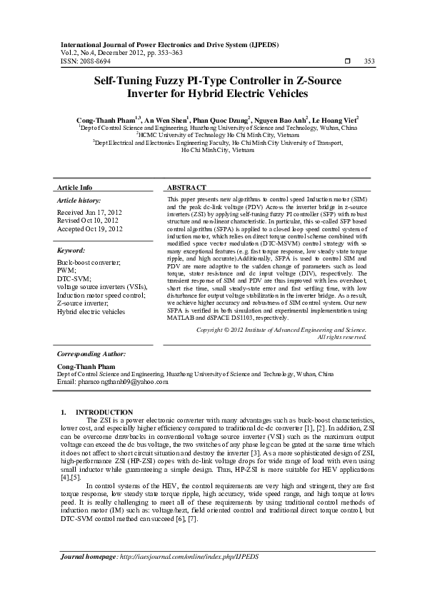 (PDF) Self-Tuning Fuzzy PI-Type Controller in Z-Source Inverter for Hybrid Electric Vehicles