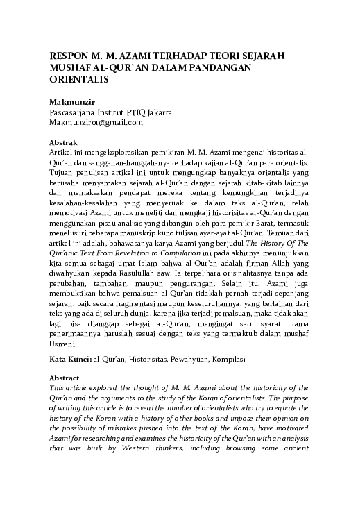 (PDF) RESPON M. M. AZAMI TERHADAP TEORI SEJARAH MUSHAF AL-QUR`AN DALAM ...