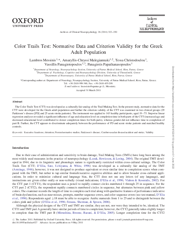 (PDF) Color Trails Test: Normative Data & Validity in Greek Adults