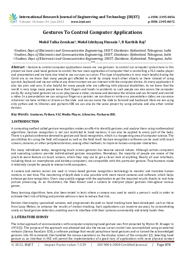 (PDF) Gestures To Control Computer Applications