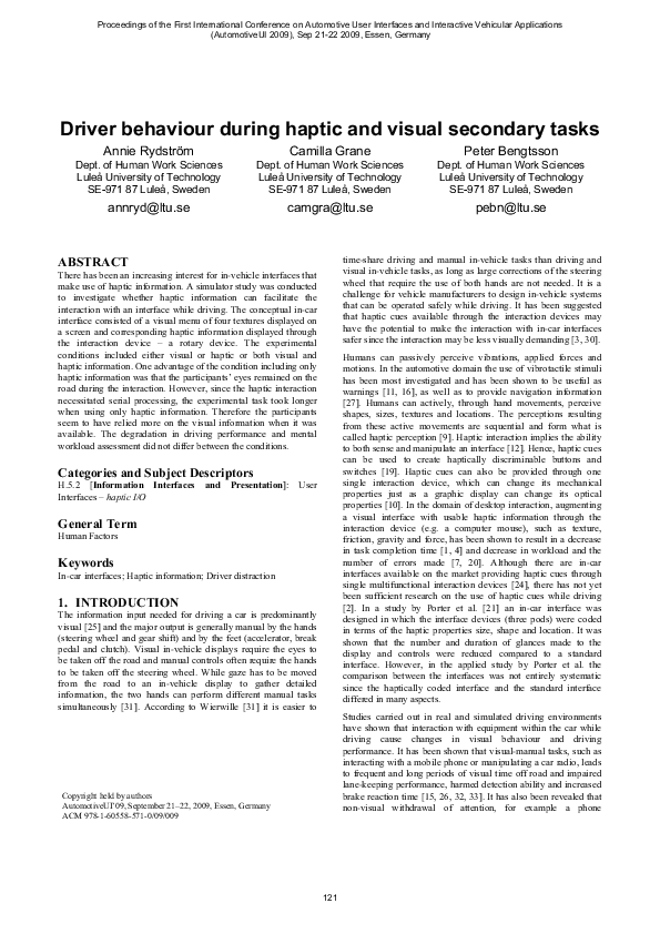 (PDF) Driver behaviour during haptic and visual secondary tasks