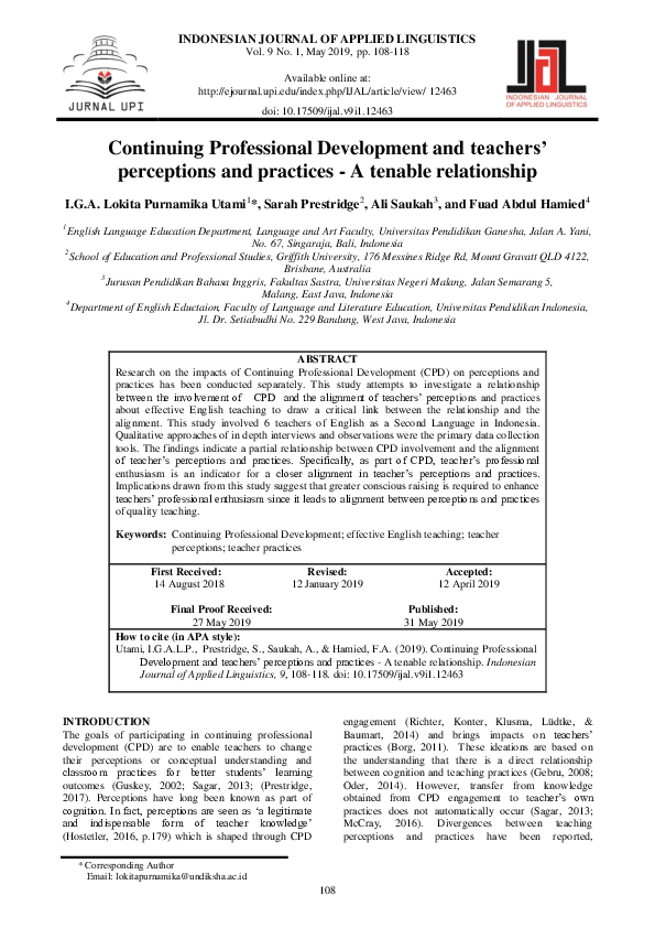 (PDF) Continuing Professional Development and teachers’ perceptions and practices - A tenable ...