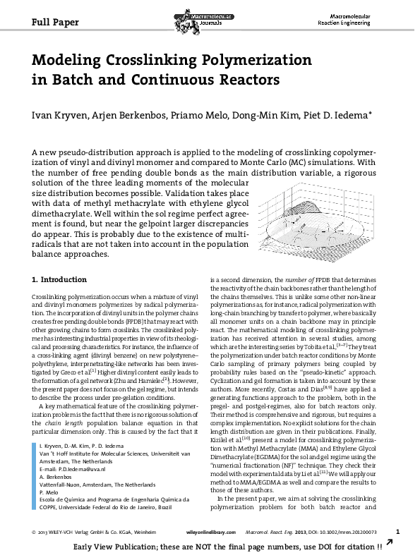 Pdf Modeling Crosslinking Polymerization In Batch And Continuous Reactors