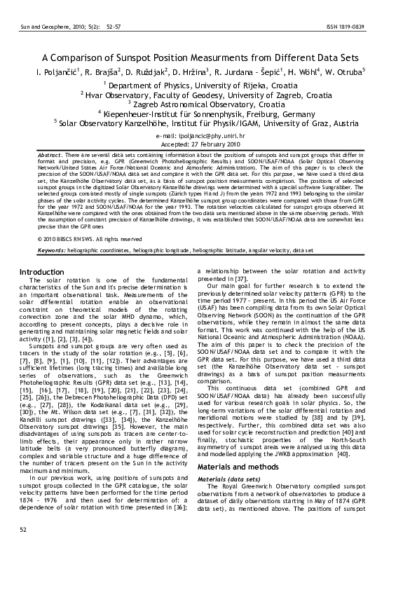 (PDF) A Comparison of Sunspot Position Measurments from Different Data Sets