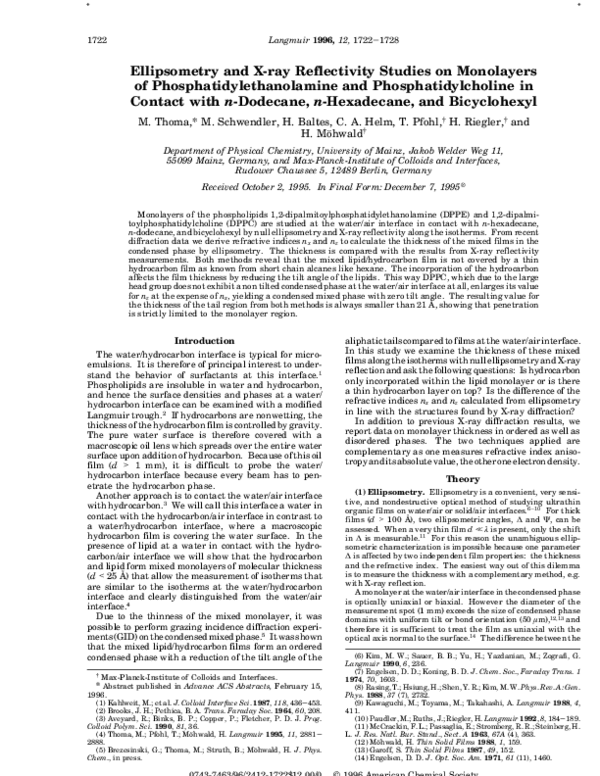 (PDF) Ellipsometry and X-ray Reflectivity Studies on Monolayers of Phosphatidylethanolamine and ...