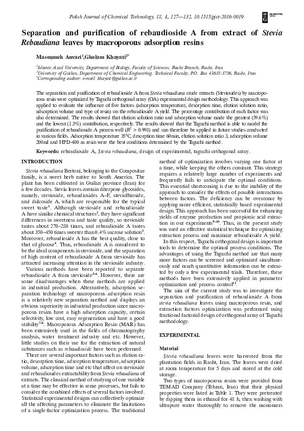 Pdf Separation And Purification Of Rebaudioside A From Extract Of Stevia Rebaudiana Leaves By