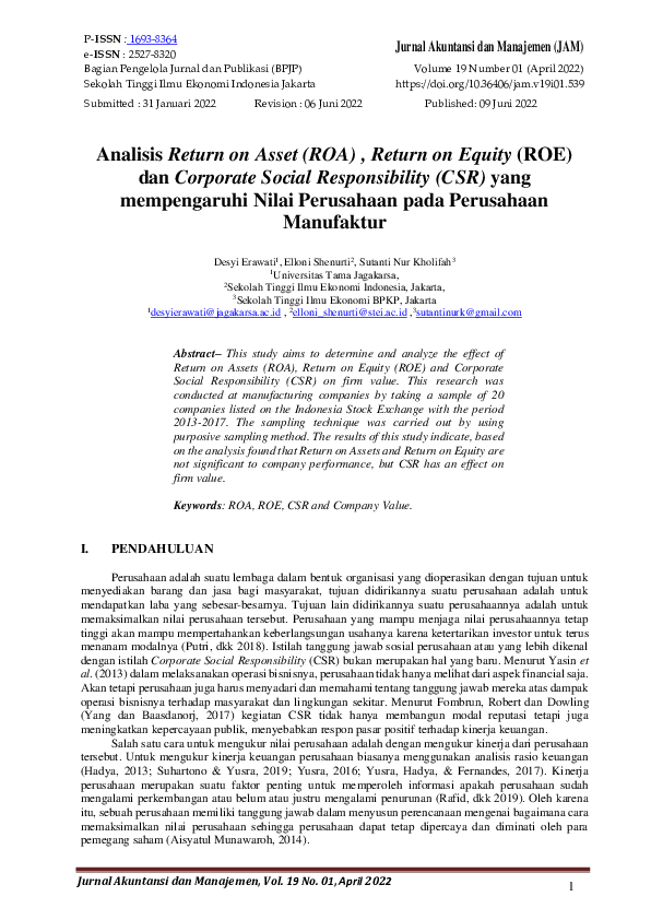 (PDF) Analisis Return on Asset (ROA) , Return on Equity (ROE) dan Corporate Social ...