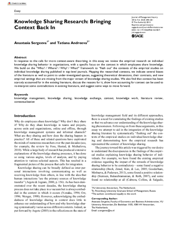 (PDF) Knowledge Sharing Research