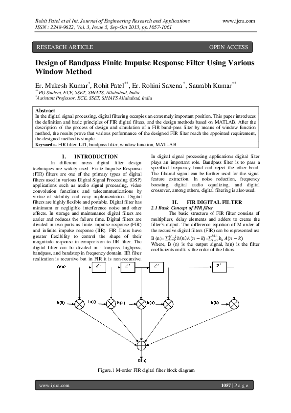 Pdf Design Of Bandpass Finite Impulse Response Filter Using Various Window Method