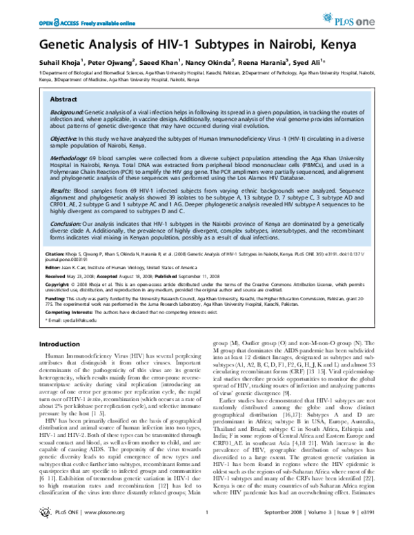 (PDF) Genetic Analysis of HIV-1 Subtypes in Nairobi, Kenya