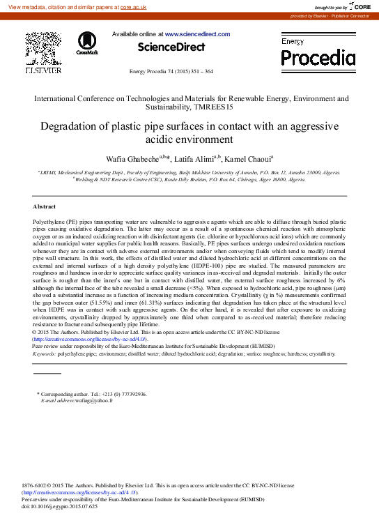 (PDF) Degradation of Plastic Pipe Surfaces in Contact with an ...