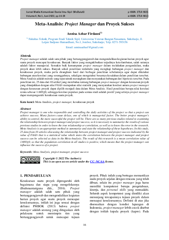 (PDF) Meta-Analisis: Project Manager dan Proyek Sukses