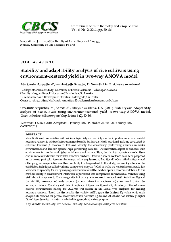 (PDF) Stability and adaptability analysis of rice cultivars using environment-centered yield in ...
