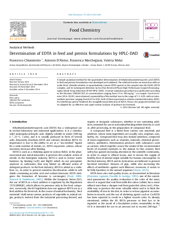 (PDF) Determination of EDTA in feed and premix formulations by HPLC-DAD