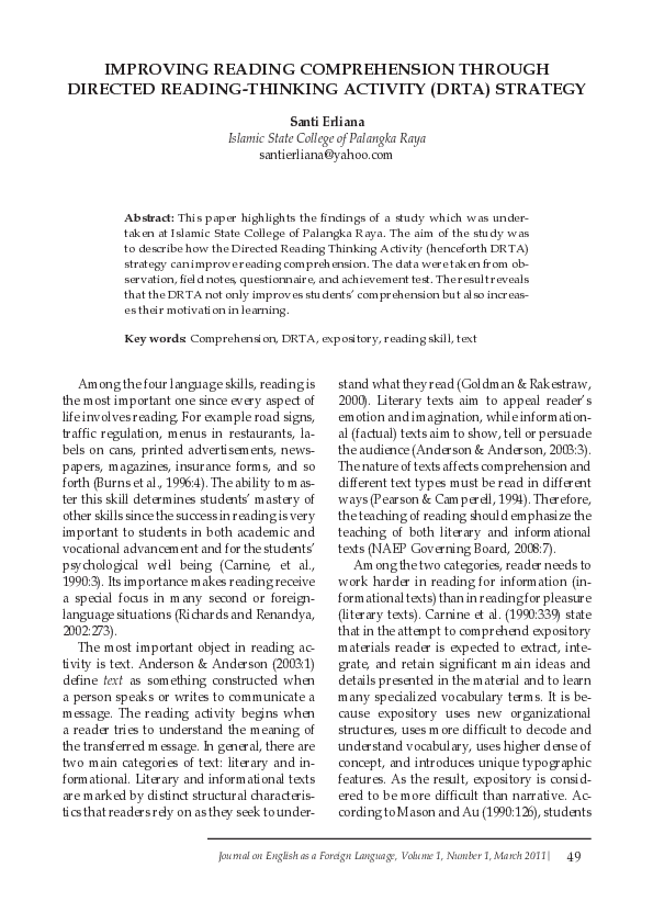 (PDF) Improving reading comprehension through directed reading-thinking activity (DRTA) strategy