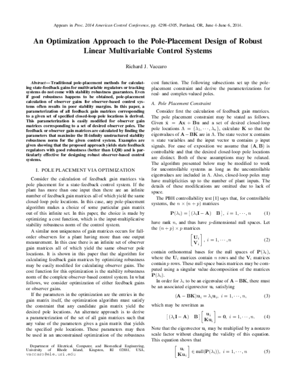 Pdf An Optimization Approach To The Pole Placement Design Of Robust Linear Multivariable