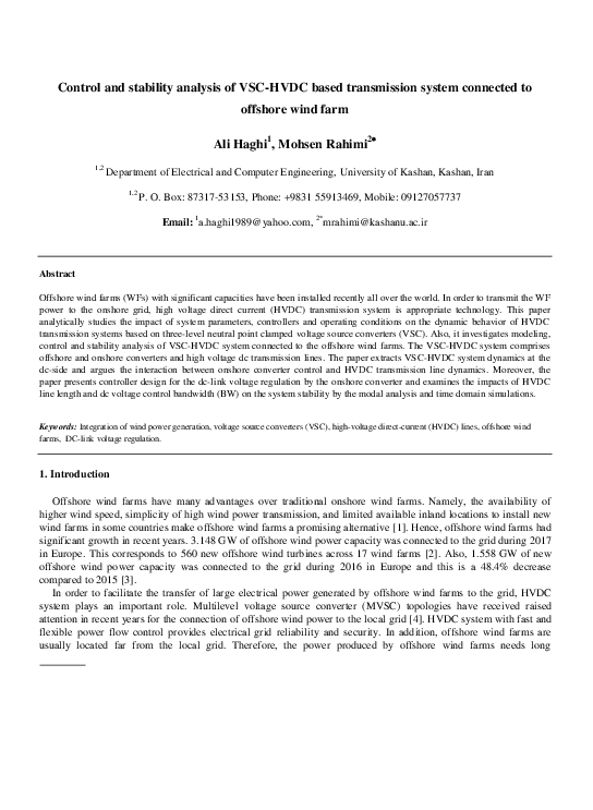 (PDF) Control and stability analysis of VSC-HVDC based transmission system connected to offshore ...