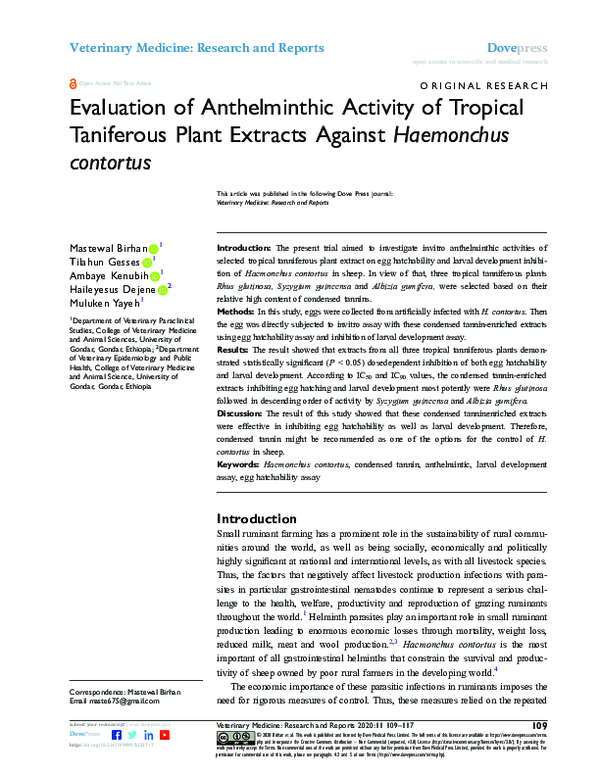 (PDF) Evaluation of Anthelminthic Activity of Tropical Taniferous Plant ...