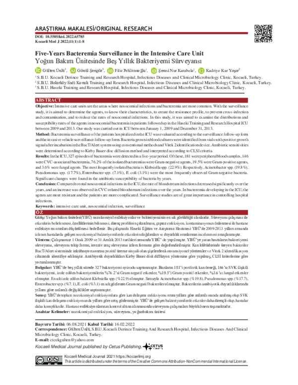 (PDF) Five-Years Bacteremia Surveillance in the Intensive Care Unit