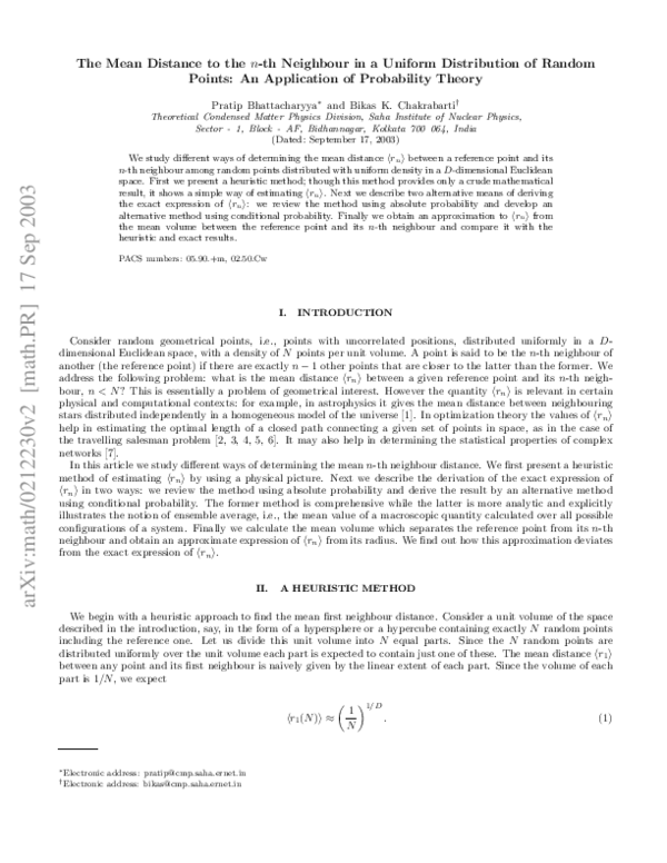 (PDF) The mean distance to the n th neighbour in a uniform distribution ...