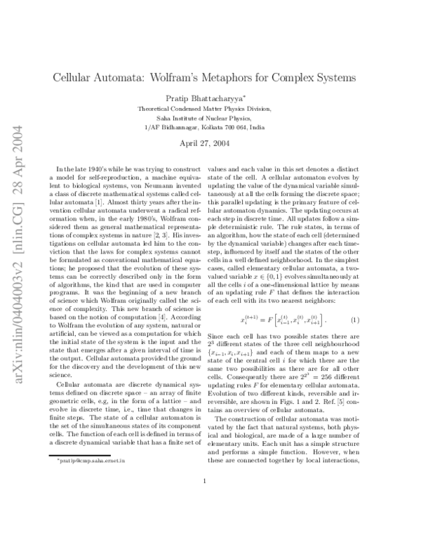 Pdf Cellular Automata Wolframs Metaphors For Complex Systems