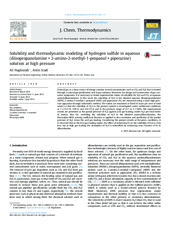 (PDF) Solubility and thermodynamic modeling of hydrogen sulfide in ...