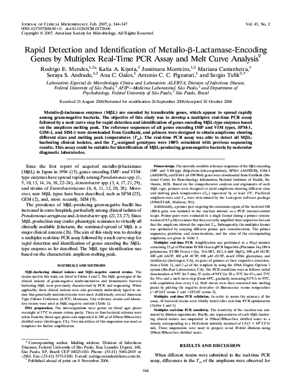 Pdf Rapid Detection And Identification Of Metallo β Lactamase Encoding Genes By Multiplex Real