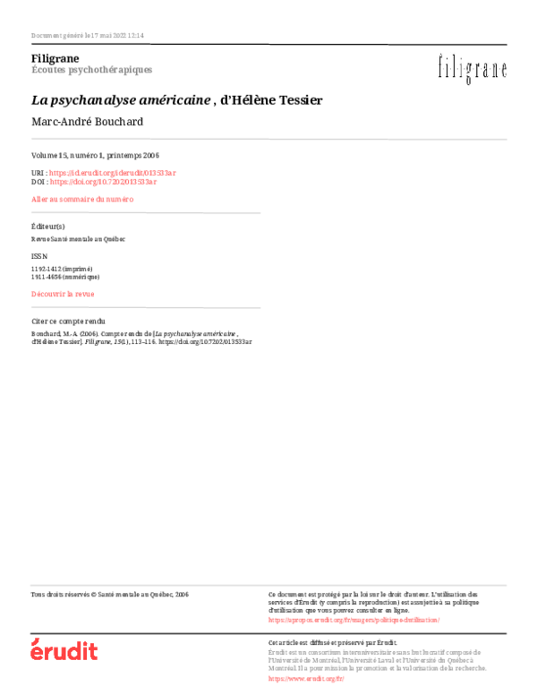 (PDF) La psychanalyse américaine , d’Hélène Tessier