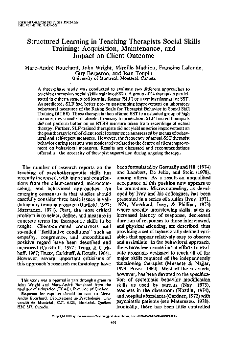 (PDF) Structured learning in teaching therapists social skills training: Acquisition ...