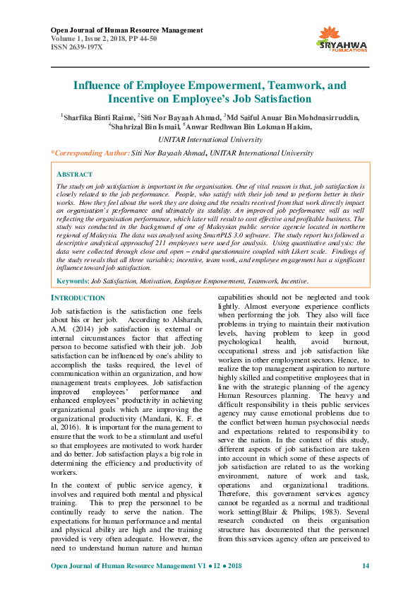 (PDF) Influence of Employee Empowerment, Teamwork, and Incentive on ...